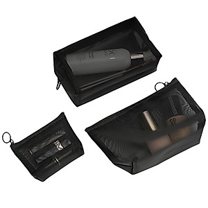 TOPASION Portable Mesh Makeup Bag with Zipper Small Travel Toiletry Bag Lightweight Cosmetic Pouch (Black 3 Piece Set)