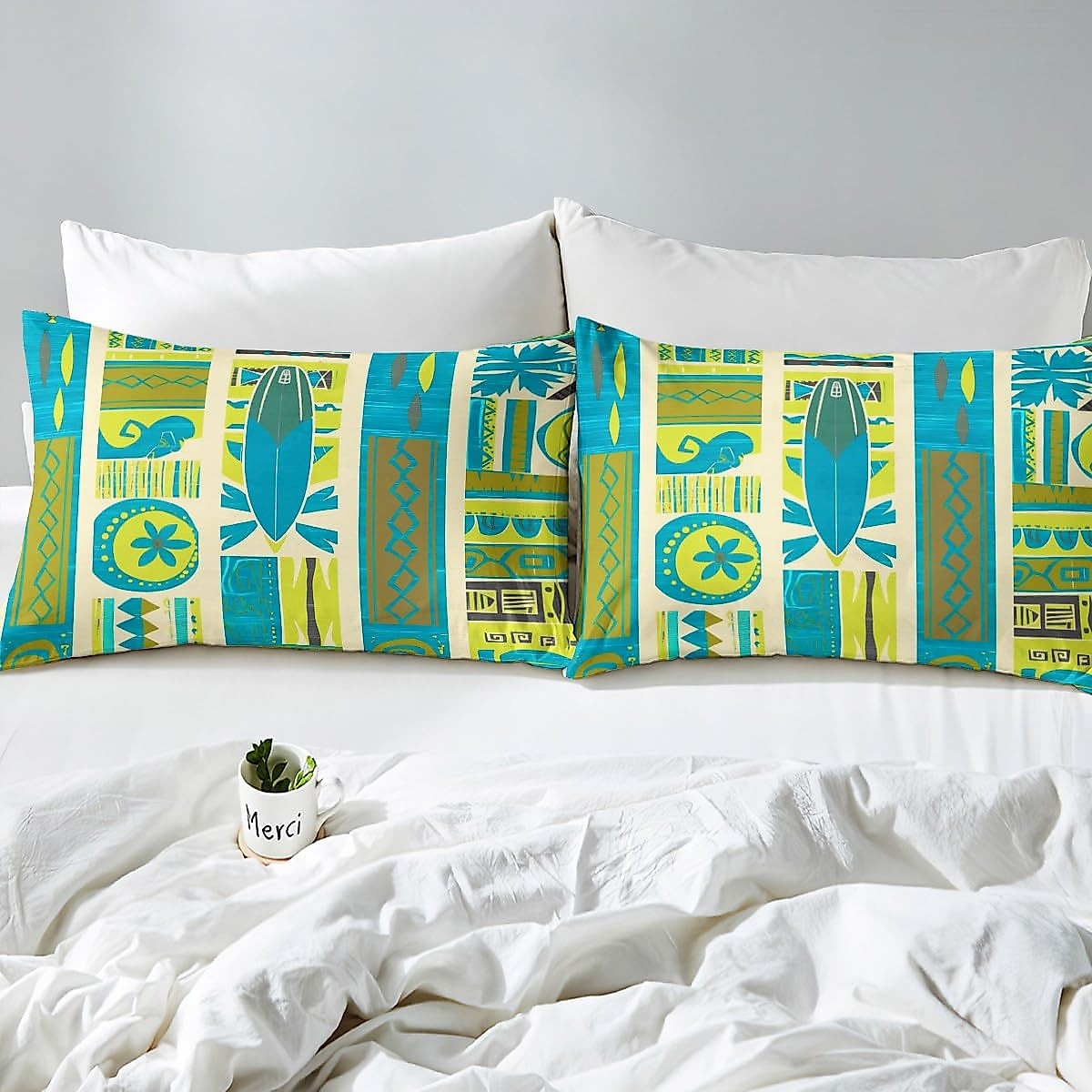 Exotic Tiki Pattern Duvet Cover, Tropical PineBedding Set, Tribal Style For Kids Boys Girls Comforter Cover, Abstract Ocean Beach Quilt Cover Bed Decor With 2 Pillow Shams Queen Size, Blue