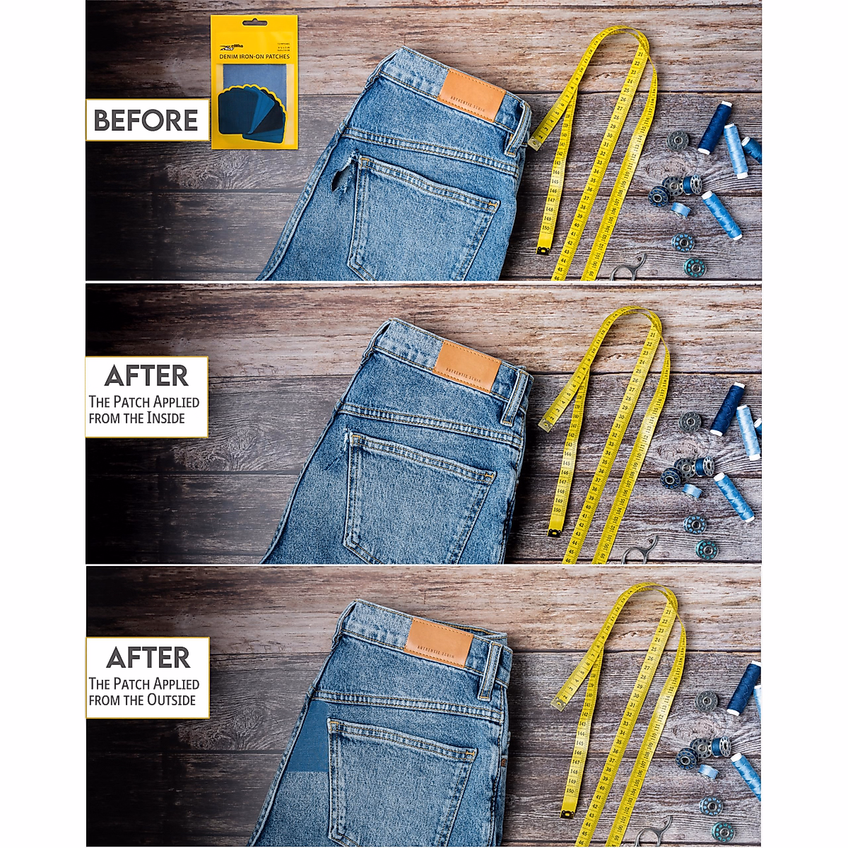 ZEFFFKA Premium Quality Denim Iron-on Jean Patches Inside & Outside Strongest Glue 100% Cotton Assorted Shades of Blue Repair Decorating Kit 12 Pieces Size 3" by 4-1/4" (7.5 cm x 10.5 cm)