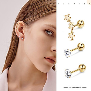 SAILIMUE 16Pcs 16G Studs for Women Surgical Stainless Steel Helix Tragus Couch Hoop Piercing Earrings Set Opal Shiny CZ Cartilage Earrings Silver/Gold/Rose Gold Tone