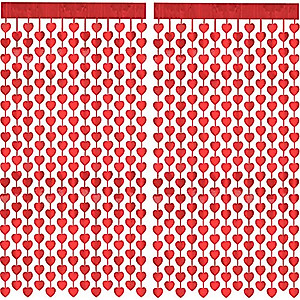 Mosoan 2 Pieces Red Heart Foil Fringe Curtains - 3.3 FT x 6.6 FT Red Heart Streamer for Valentines Party Decorations - Red Fringe Backdrop for Valentines Decor Birthday Wedding Baby Shower