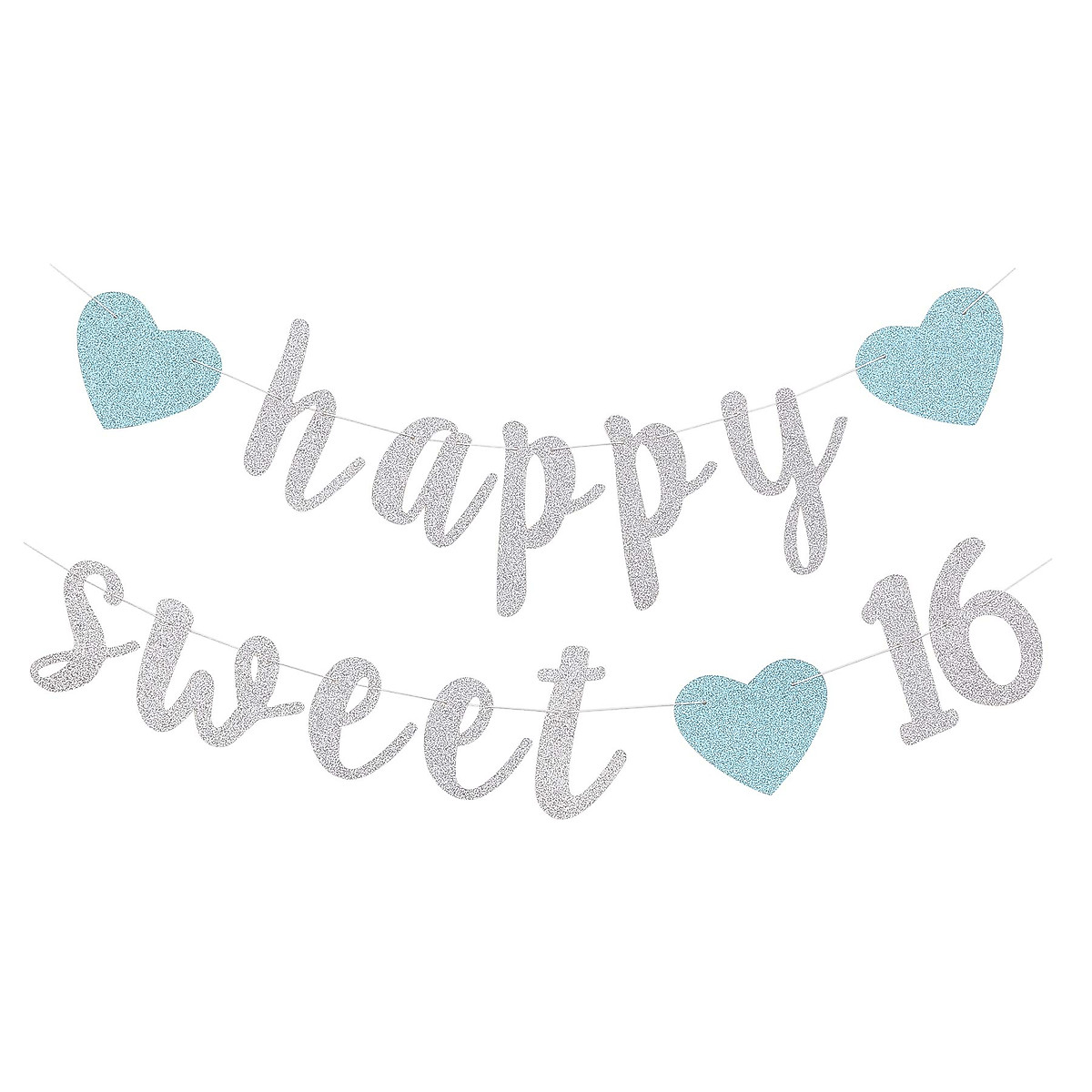 Happy Sweet 16 Banner 16th Birthday Party Sign Decoration Bunting - Glitter Silver