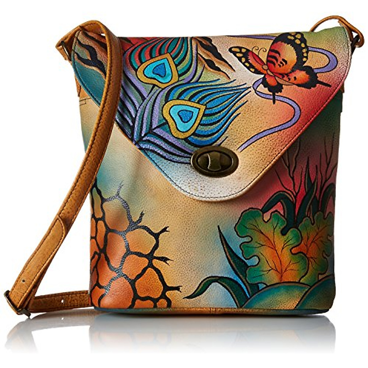 Anna by Anuschka Genuine Leather V-Shap Flap Crossbody Bag | Hand-Painted Original Artwork | Peacock Collage