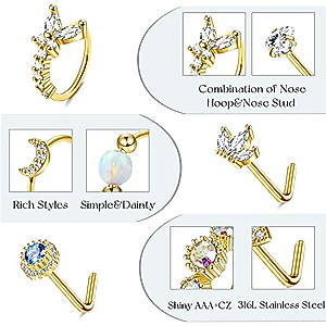 JOERICA 18 Pcs 20G Nose Rings Studs 316L Stainless Steel Nose Rings Hoop for Women Cute Evil Eye Heart Butterfly Opal CZ Nose Piercing Jewelry L Shaped Nose Ring Stud Set