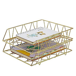 PAG Desktop File Organizer Metal Stackable Letter Tray Paper Holder Rack, 2 Pack, Gold