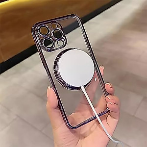 Uioeua Compatible with iPhone 14 Pro Max Magnetic Clear Kickstand Case,Luxury Plating Transparent Bracket MagSafe Case with Full Camera Lens Protector for iPhone 14 Pro Max-Sky Blue