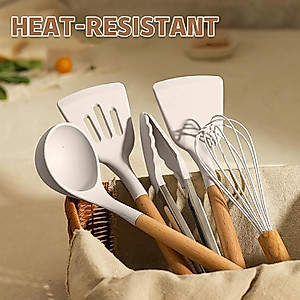 Umite Chef Kitchen Cooking Utensils Set, 33 pcs Non-Stick Silicone Cooking Kitchen Utensils Spatula Set with Holder, Wooden Handle Silicone Kitchen Gadgets Utensil Set (Khaki)