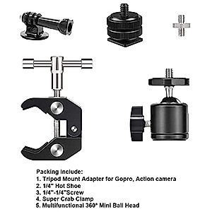 Camera Super Clamp Mount with Ball Head Mount Hot Shoe Adapter with 1/4 Thread for GoPro Hero 10 9 8 7 6 5 4,DJI Action Cameras, LCD Field Monitor LED Lights 360°Motorcycle Camera Mount