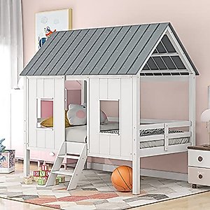 Merax Twin Size Wooden House Bed, Low Loft Bed Frames with Two Front Windows and Roof for Girls and Boys, White(Grey Roof)