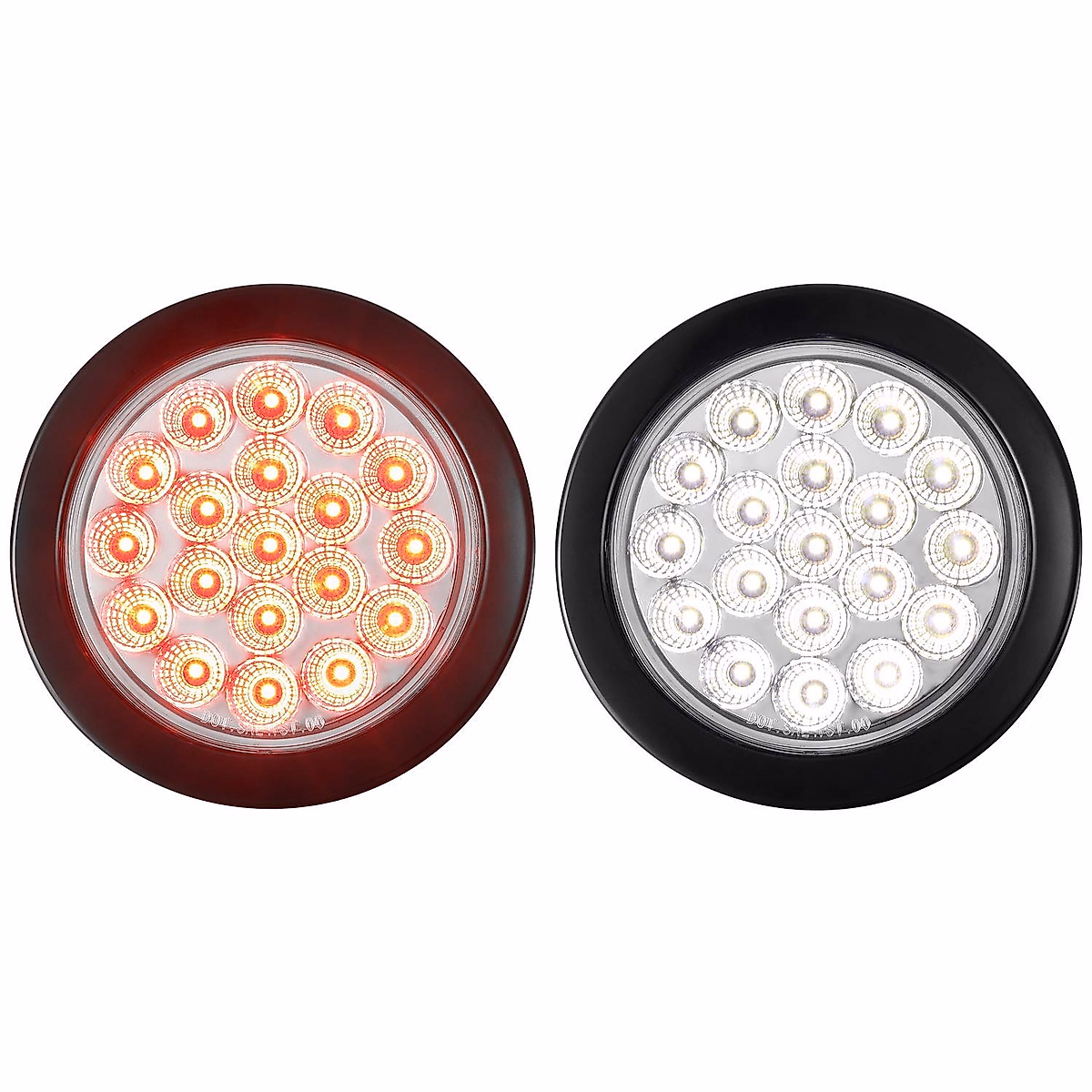 Partsam 2Pcs 4 Inch Round Red Stop Turn Tail Lights and White Backup Lights Kit 19 Diodes w/Rubber Grommets & 3-Prong Wire Pigtails, Red/White Round Led Truck Trailer Tail Lights and Reverse Lights