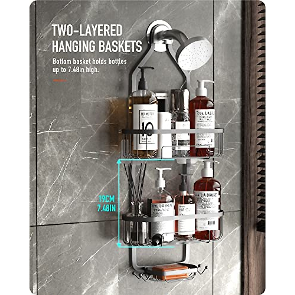 Baffect Shower Head Caddy, Hanging Shower Caddy Black Non-marking Bathroom Shower Organizer Soap Holder with Hooks