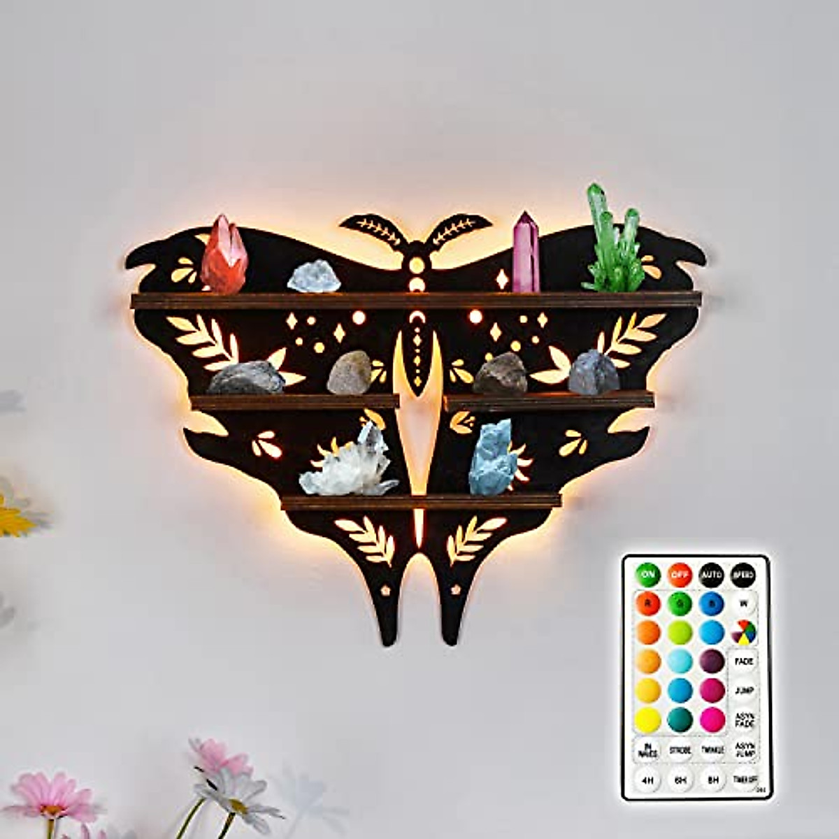 flangairy Crystal Display Shelf Wooden Gem Healing Stone Altar Holder Shelves Hanging Rock Storage Essential Oils Meditation Trinket Sheld Collection Case Wall (Luna Moth)