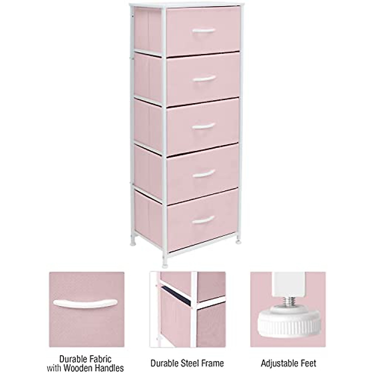 Sorbus Fabric Dresser for Kids Bedroom - Chest of 5 Drawers, Tall Storage Tower, Clothing Organizer, for Closet, for Playroom, for Nursery, Steel Frame, Fabric Bins - Wood Handle (Pink)