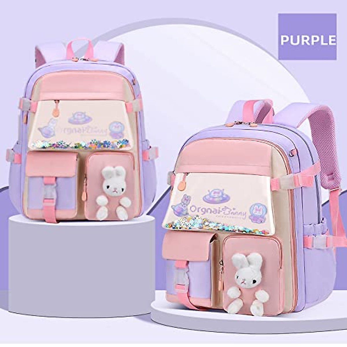 damdos Toddler Cute Backpack Kawaii Girls Bunny School Backpack,Lightweight Refrigerator Elementary Middle School Backpack Bookbag,Girls Backpack With Kawaii Pin Bunny Birthday Gifts(PURPLE,Large)