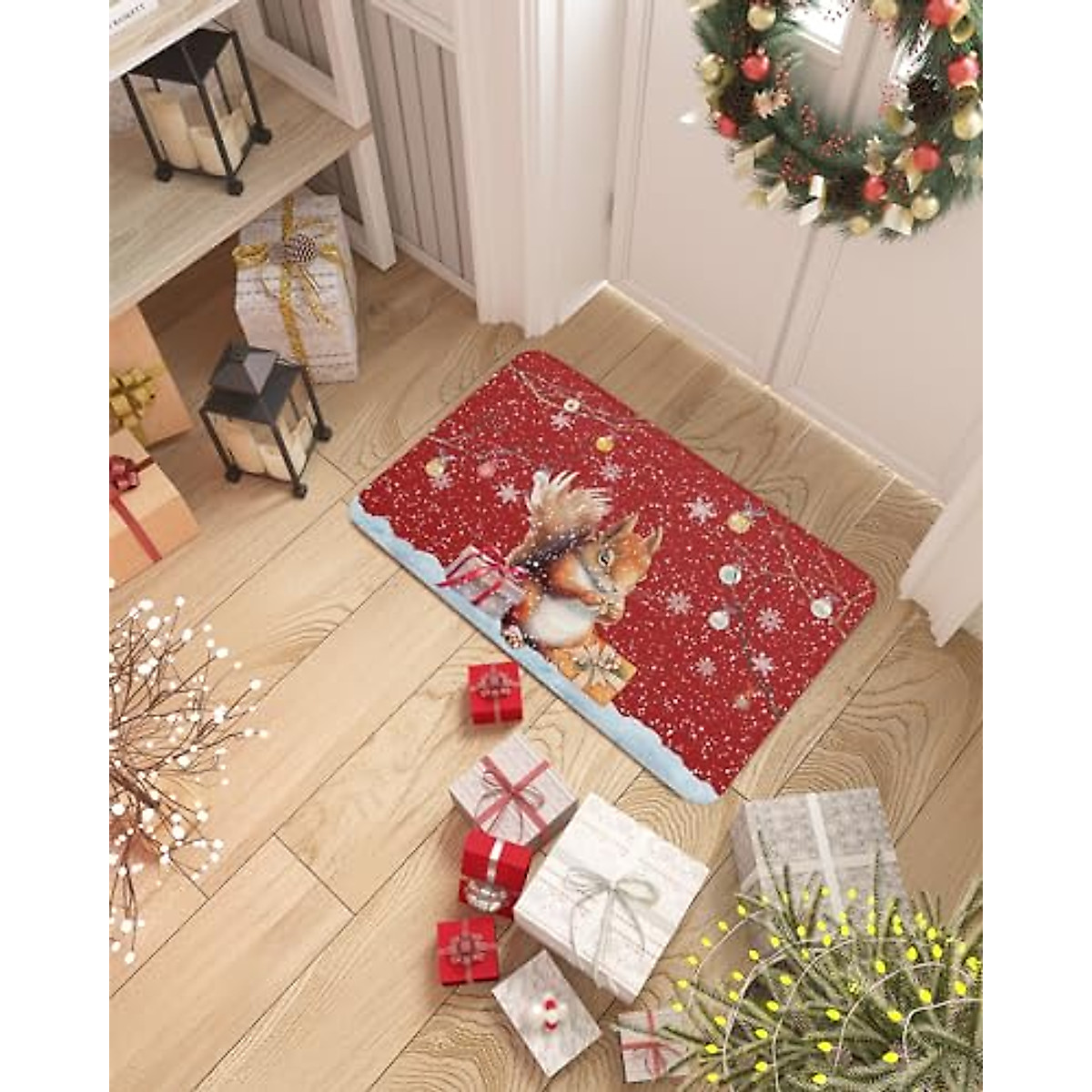 Christmas Bath Rugs Squirrel Xmas Ball Branch Sponge Doormat Absorbent Non Slip Backing Durable Soft Flannel Mat Snowflake Snow Red Christmas Memory Foam Mats Carpet for Bathroom Kitchen, 18 x 30 inch
