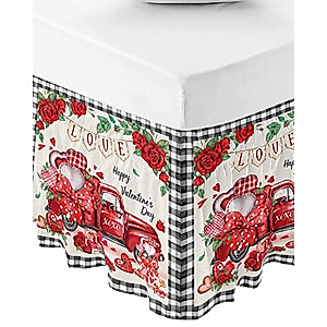Valentine's Day Bed Skirt King Size 18 Inch Drop,Adjustable & Elastic Wrap Around Bed Skirts Pleated Dust Ruffles for Twin Full Queen Cal King Bed,Red Truck Spring Saint Rose Love Black Plaid Check
