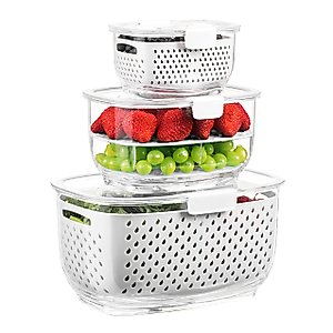 LUXEAR Fresh Produce Vegetable Fruit Storage Containers 3Piece Set, BPA-free, Partitioned Salad Container, Fridge Organizers, Used in Storing Fruits Vegetables, White
