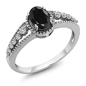 Gem Stone King 925 Sterling Silver Black Sapphire and White Topaz Engagement Ring For Women (1.28 Cttw, Oval 7X5MM, Available in size 5, 6, 7, 8, 9)