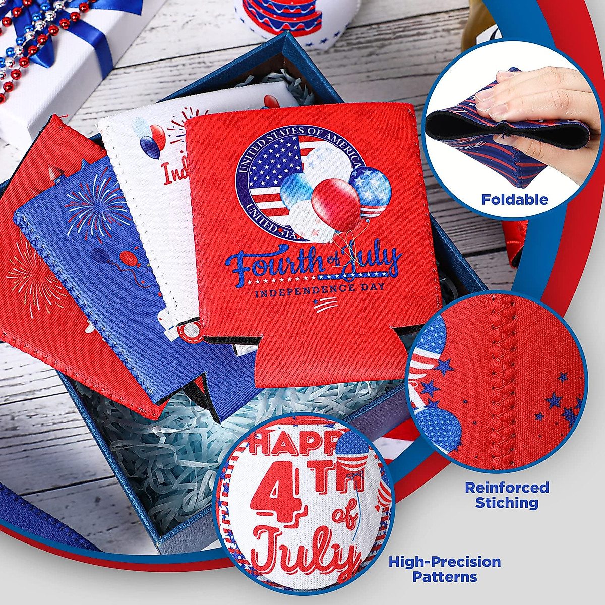 36 Pieces Independence Day Can Cooler Sleeve 4th of July Thermocoolers Collapsible Neoprene Bottle Insulators American Flag Can Cooler Sleeve Patriotic Drink Cooler for 12oz Drink Party Supplies