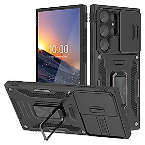 Samsung Galaxy S23 Ultra Case with Slide Camera Cover Polycarbonate Shockproof Phone Case with 360°Rotate Magnetic Ring Stand for Galaxy S23 Ultra 6.8 inch - Black