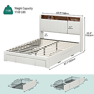 YITAHOME Queen Size Bed Frame, Storage Bed Frame with 4 Drawers & LED Light, Platform Bed with Storage Upholstered Headboard and Charging Station, No Box Spring Needed, Easy Assembly, Beige