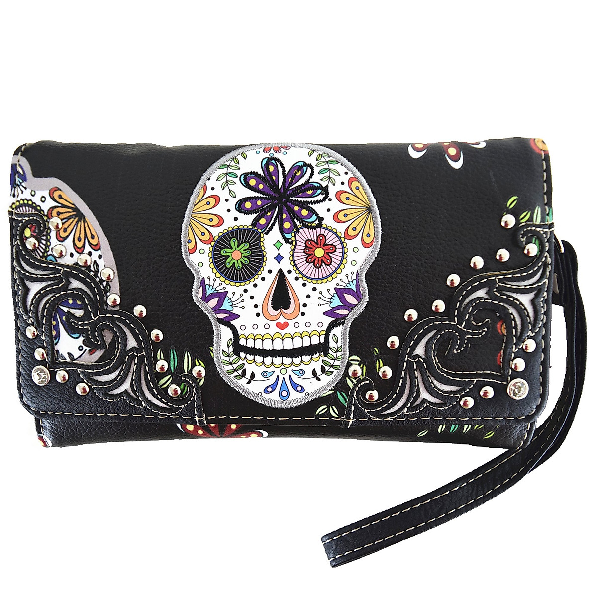 WESTERN ORIGIN Sugar Skull Day of the Dead Daypack Punk Gothic Backpack Rose Flower Fashion Women Travel Biker Purse Daypack Wallet Set (Black Set)