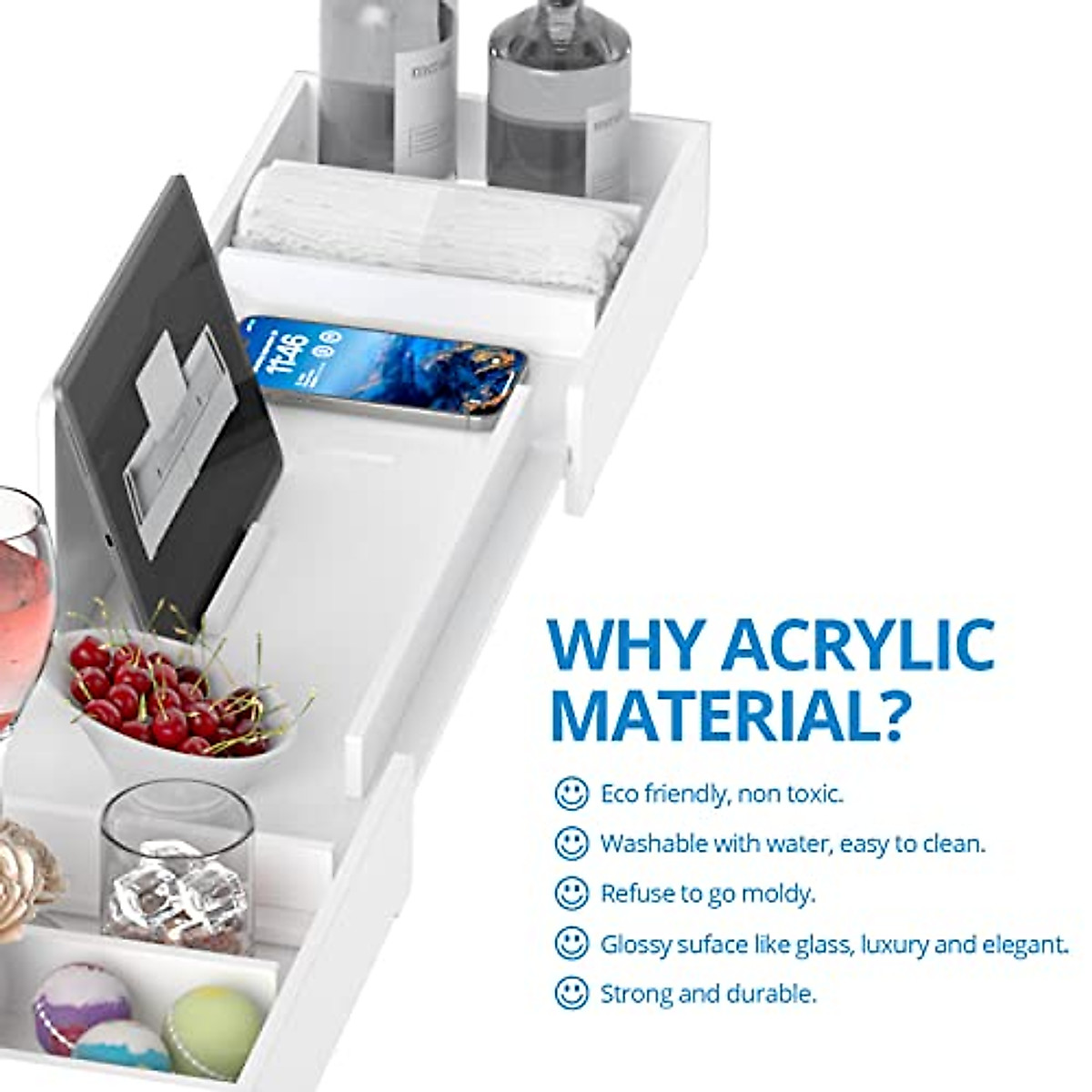 WINFFOR Acrylic Bathtub Tray, Expandable Bathtub Caddy, 1 or 2 Person Bath Tray, Luxury Bath Caddy Adjustable Bath Tub Table Caddy (White)