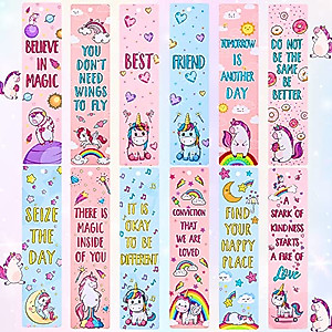 12 Pieces Unicorn and Rainbow Theme Bookmarks with 12 Pieces Metal Charms, Inspirational Quotes Bookmarker Unicorn Page Markers for School Reading Boys Girls Teens and Adults