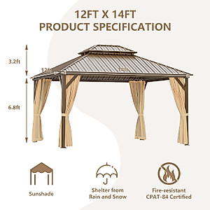 LATTOY 12'x14' Permanent Hardtop Gazebo, Outdoor Galvanized Steel Double Roof Pavilion Pergola Canopy with Aluminum Frame and Privacy Curtains for Garden Patio,Patio Backyard,Deck and Lawns