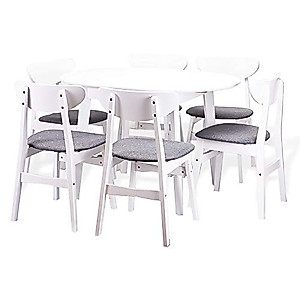 Wickerix Dining Room Set of 6 Yumiko Chairs and Extendable Round Dining Table Kitchen Modern Solid Wood w/Padded Seat, White Color with Light Gray Cushion