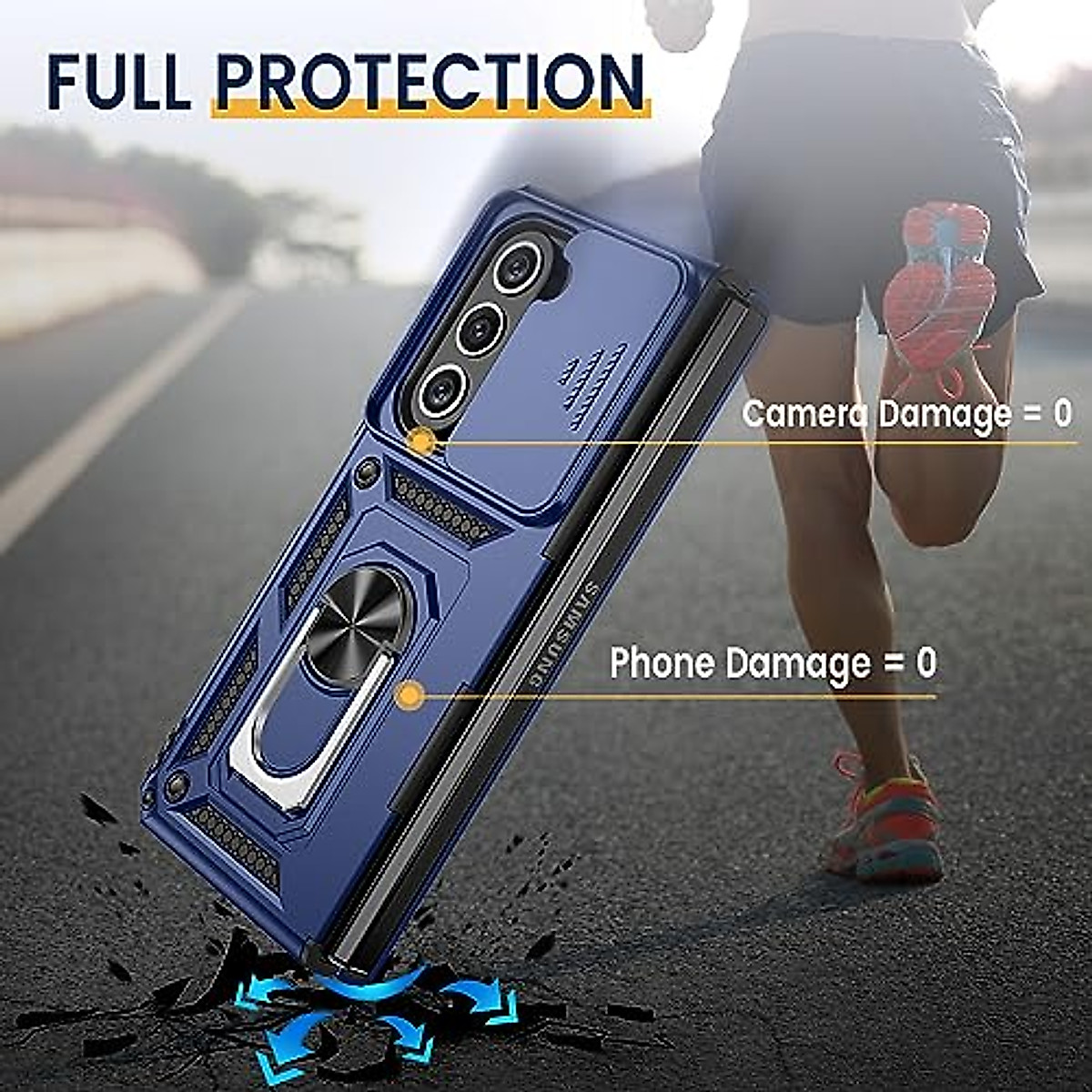 Goton for Samsung Galaxy Z Fold 5 Case with Slide Camera Cover & Screen Protector, Armor Phone Case Built-in 360° Rotate Ring Stand Heavy Protective for Samsung Z Fold 5 5G Case Accessories Blue