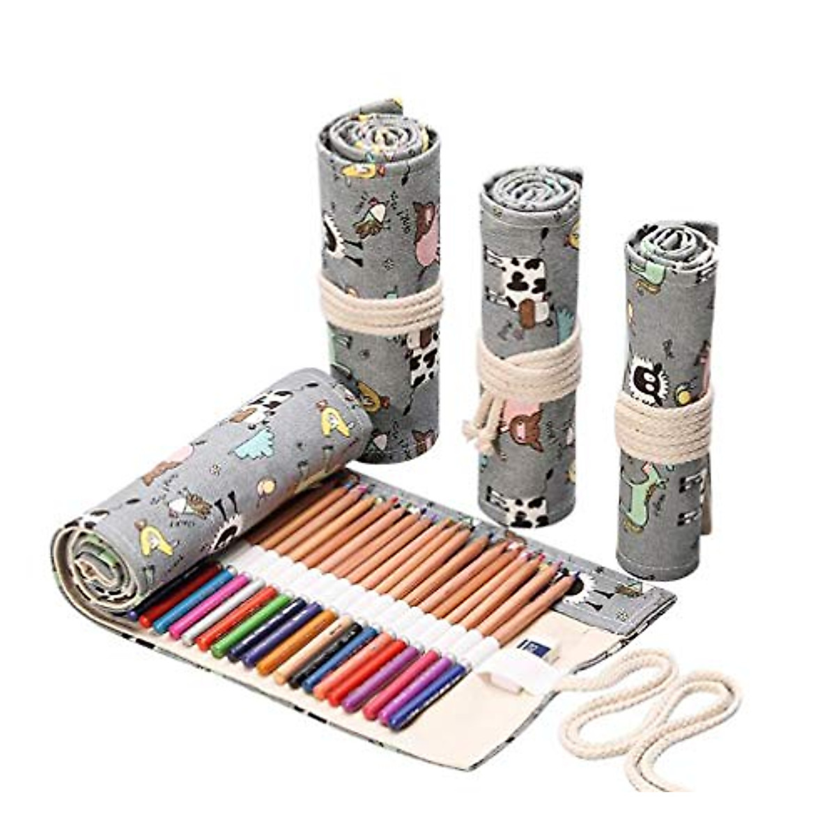 FZBNSRKO Canvas Pencil Wrap,Colored Pencil Roll Up Wrap Travel Drawing Coloring Pencil Holder Organizers with 48 Slots for Student Artist Adult(Grey Cow)