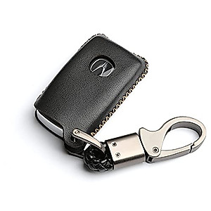 WFMJ Leather for Acura RDX RLX ILX MDX TLX Smart Remote 4 Buttons Key Case Holder Cover Fob Chain (Black)