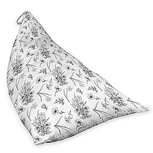 Ambesonne Daffodil Lounger Chair Bag, Blowing Bouquets Illustration Flower Petals Leaves Anemone and Violet Blooms, High Capacity Storage with Handle Container, Lounger Size, Grey and White