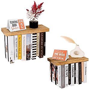 SnugLife Floating Book Shelves for Wall Mounted Set of 2 - Upside Down Space Saving Unique Wall Bookshelf, Rustic Wood Floating Bookshelves, Hanging Bookshelf for Bedroom, Living Room Decor & Storage