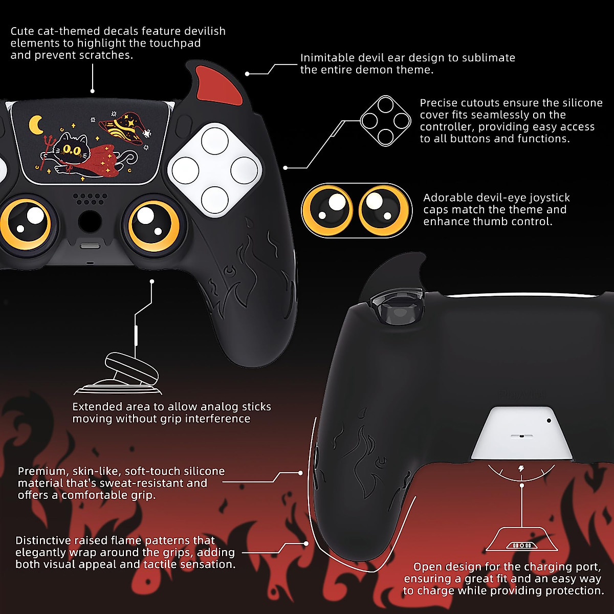 PlayVital Halloween Cute Demon Controller Silicone Case for ps5, Kawaii Controller Cover Gamepad Skin Protector for ps5 with Touch Pad Sticker & Thumb Grip Caps - Black