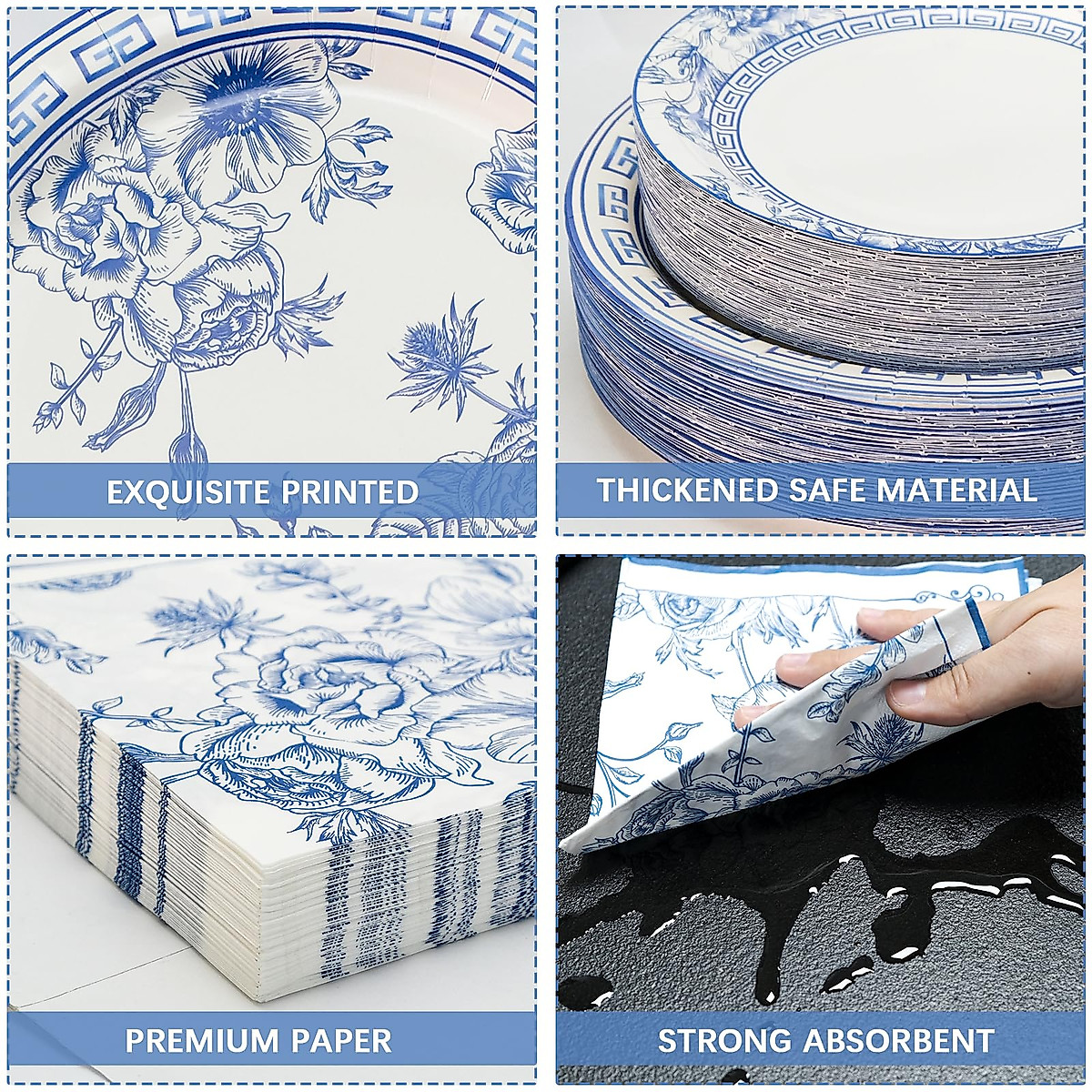 180PCS Blue White Floral Party Supplies Serve 60, Blue Flower Party Paper Plates and Napkins Kit for Bridal Baby Shower Wedding Tea Party Decorations, Includes Dinner Plates, Dessert Plates, Napkins