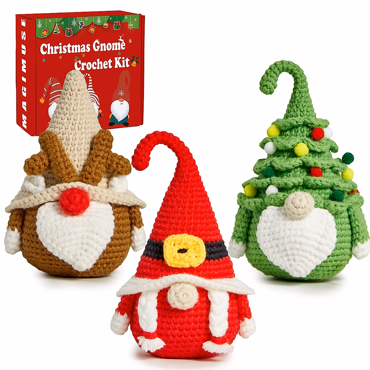 MAGIMUSE Christmas Crochet Kit for Beginners, Crochet Starter Kits for Adults Amigurumi Craft Knitting Crochet Animals Kits with Step-by-Step Video Tutorials, 3 Pack Gnome (40%+ Yarn)