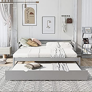 Classic Solid Wooden Daybed with Pop Up Trundle Twin to King Extendable Sofa Bed for Living Room Bedroom Guest Room Space Saving, Gray