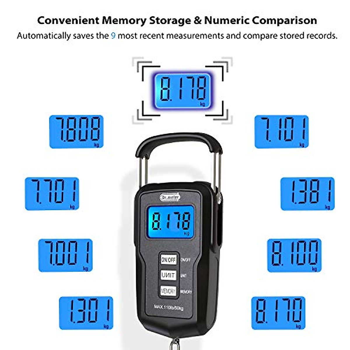 [Upgraded]FS01 Fishing Scale, Dr.meter 110lb/50kg Digital Hanging Scale with Storage Function and Numerical Comparison, Backlit LCD Display, Measuring Tape and 2 AAA Batteries Included