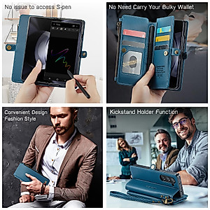 Defencase Wallet Case Compatible with Samsung Galaxy Z Fold 5 with RFID Blocking Card Holder & S Pen Holder PU Leather Magnetic Snap Flip Zipper Strap Phone Case Fit for Galaxy Z Fold 5, Dark Blue