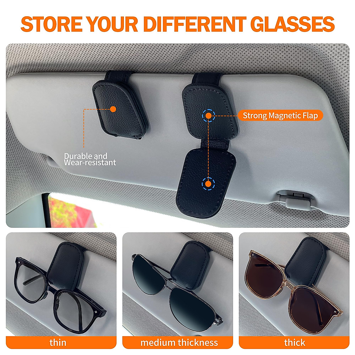 Sunglasses Holders for Car Sun Visor, 2pack Magnetic Leather Glasses Eyeglass Hanger Clip for Car, Visor Sunglasses Holder Clip Car Accessories for Truck