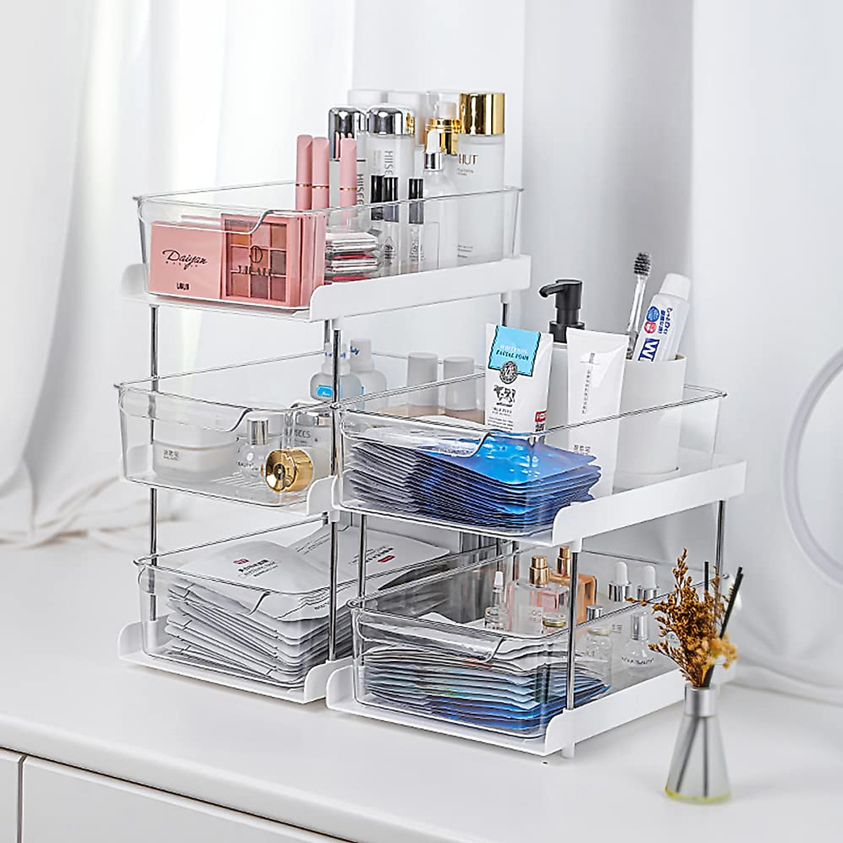 Hacaroa 2 Tier Sliding Basket Drawer Organizer with Handles, Pull Out Under Sink Organizer Shelf, Stackable Slide-out Storage Bins for Cabinet, Kitchen, Bathroom, Office, Clear