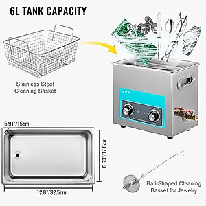 Mophorn 6L Ultrasonic Cleaner 304 Stainless Steel Professional Knob Control Ultrasonic Cleaners with HeaterTimer for Jewelry Watch Glasses Circuit Board Dentures Small Parts Dental Instrument