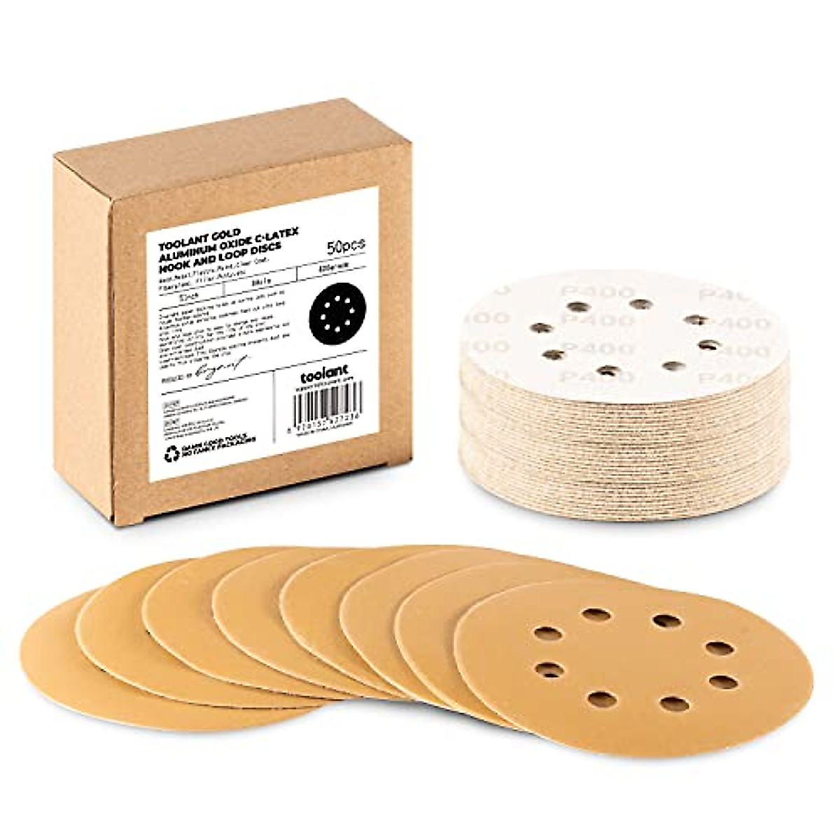 5 Inch 400 Grit Sanding Disc, 8 Hole Hook and Loop Aluminum Oxide Sanding Discs for Disc Sanders & Orbital Sanders - 50 Pack by toolant