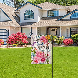 Artofy with God all Things are Possible Spring Home Decorative Garden Flag, Summer House Yard Religious Outdoor Peony Flower, Fall Inspirational Butterfly Faith Outside Farmhouse Small Decor 12 x 18
