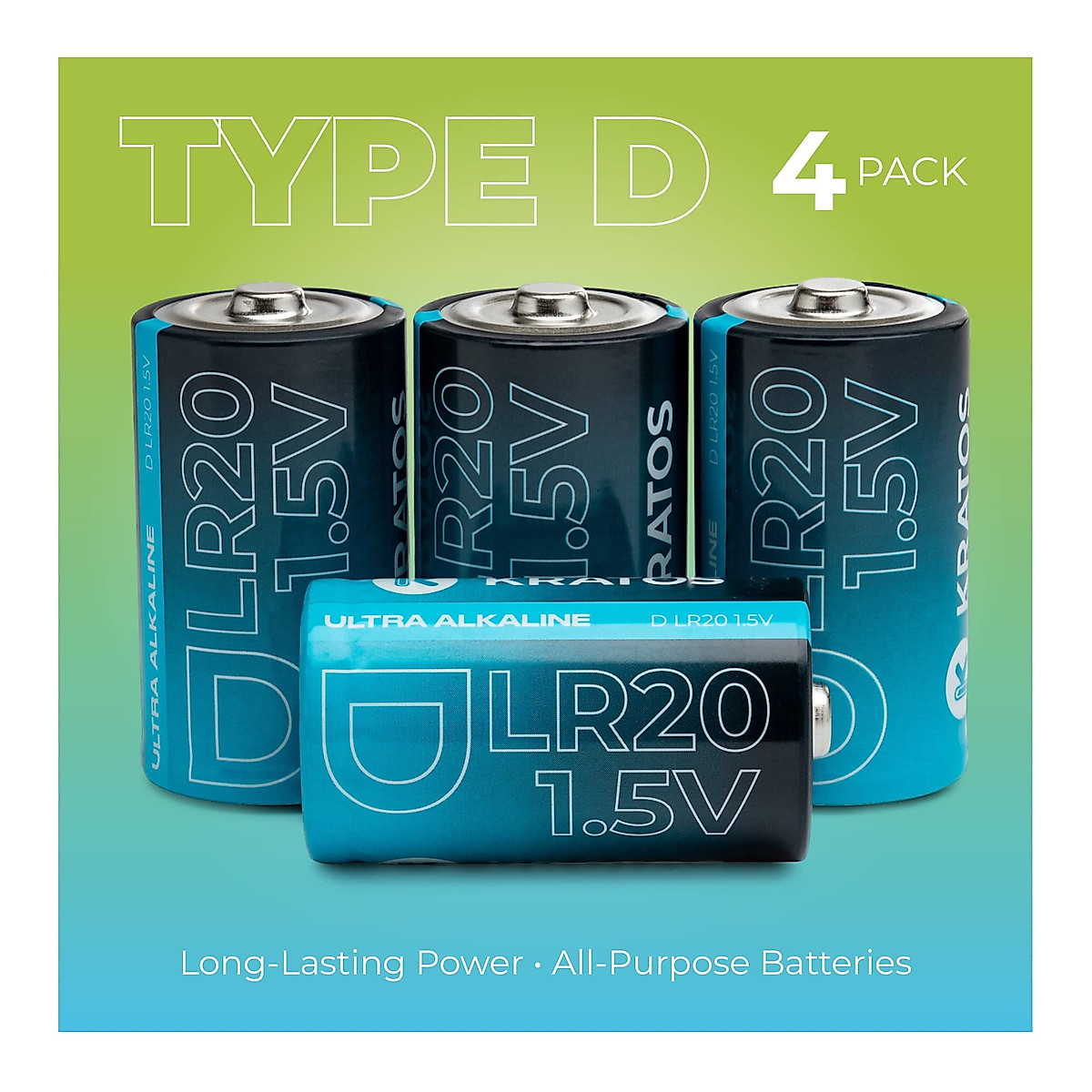 Kratos Power D Batteries - 4 Pack Alkaline Batteries - Long-Lasting All-Purpose D Battery - 10 Year Shelf Life - Mercury & Cadmium Free Flashlight Batteries - Disposable Replacement Batteries