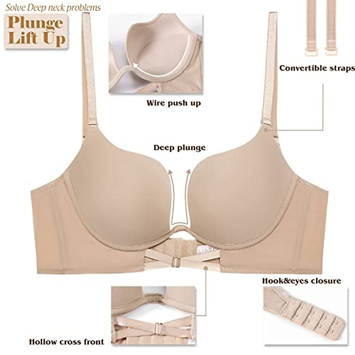Haullps Deep Plunge Push Up Bra for Women Low back Bra Wire Lifting Bra with Multiway Convertible Straps Nude