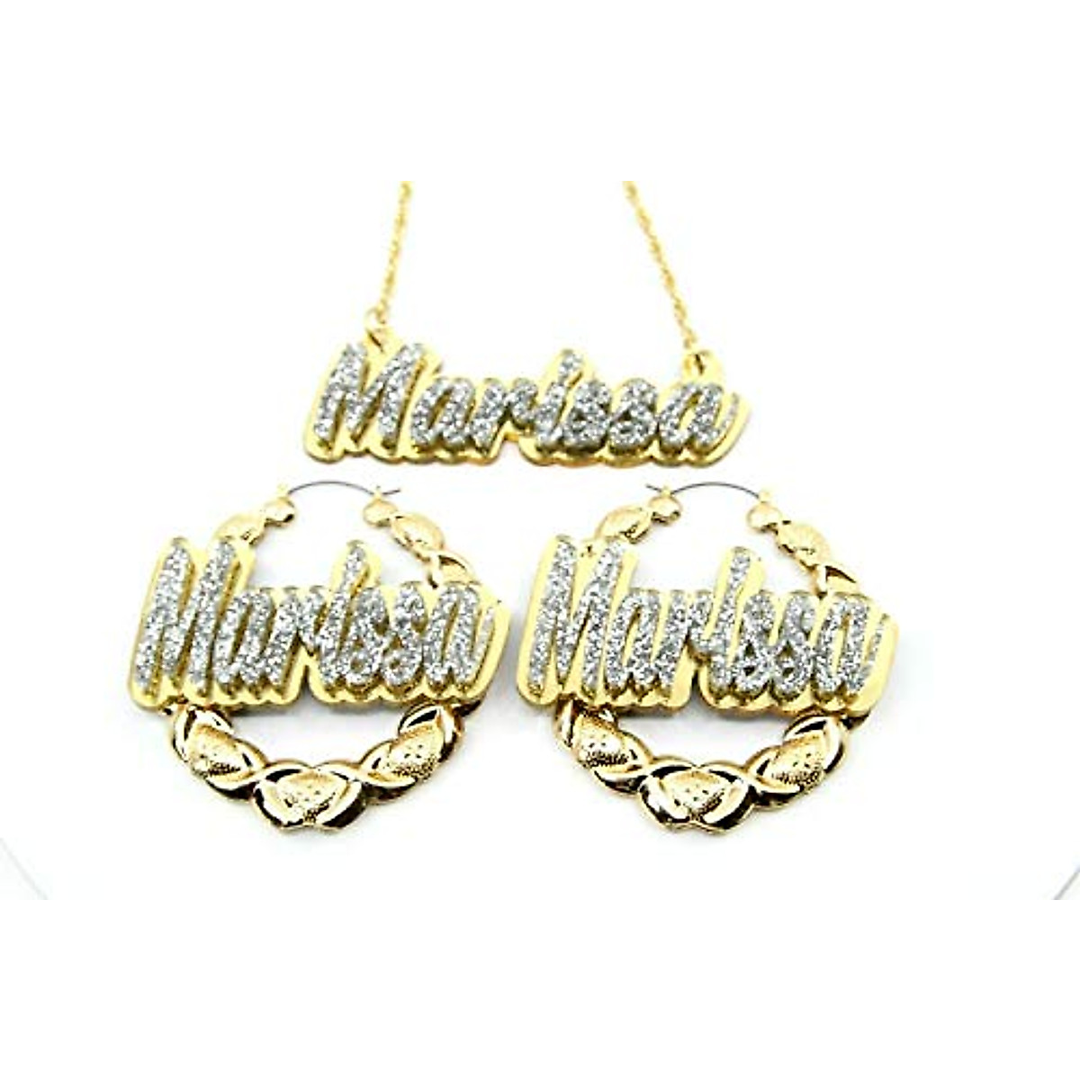 Name Necklace Plate Personalized Custom Nameplate and 2.5" XOXO Gold Earrings Made To Order Any Name Jewelry Set Laser Cut Diamond Look Glitter Script Cursive Letters, Quality Gold Chain, Stunning
