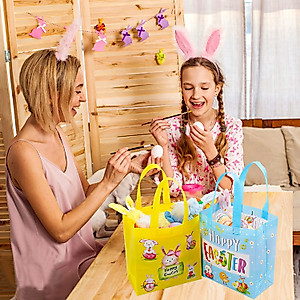 6Pcs Easter Non-woven Bags with Handle, Happy Easter Gift Bags for Kids, Treat Bags Rabbit Bunny, Reusable Easter Goodie Bags-Waterproof- for Gifts Wrapping, Egg Hunt Game, Easter Party Supplies